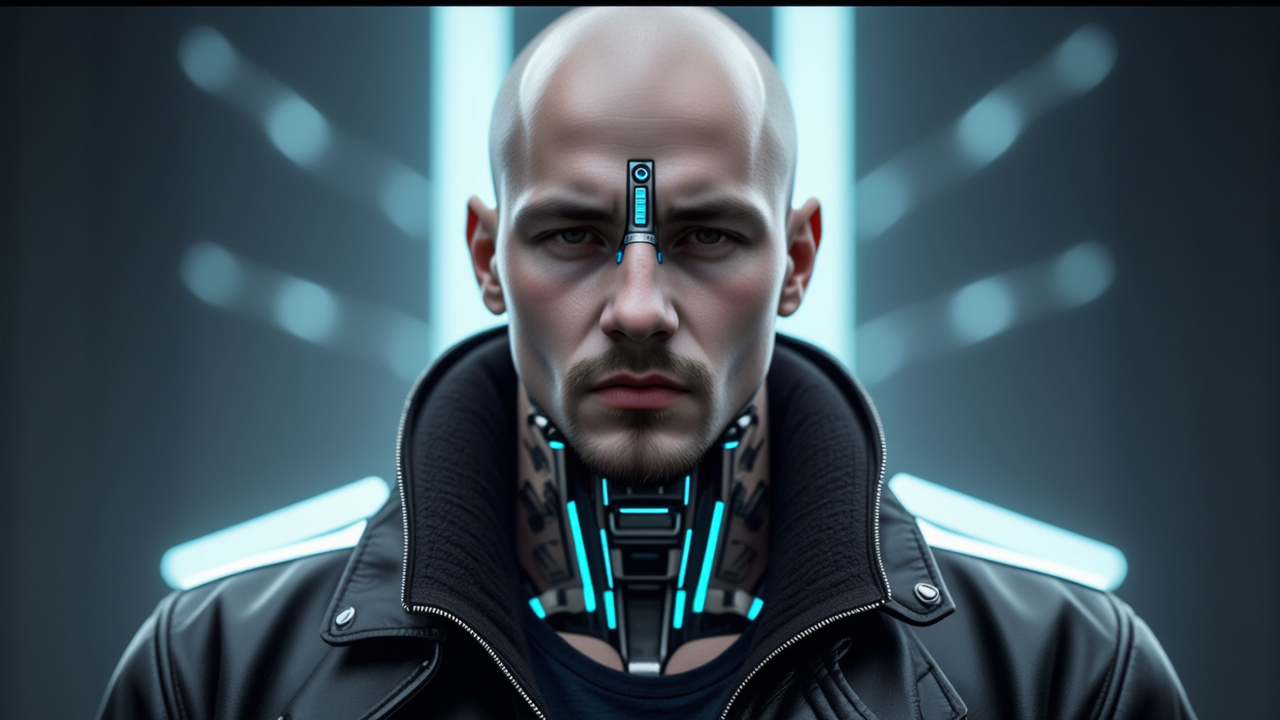 Cyborg Man With Robotic Features In A Leather Jacket | AI Image