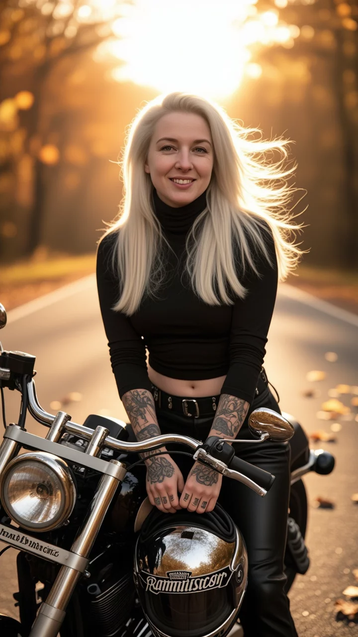Biker Woman In Black Leather Clothing Riding Harley-davidson On Sunny ...