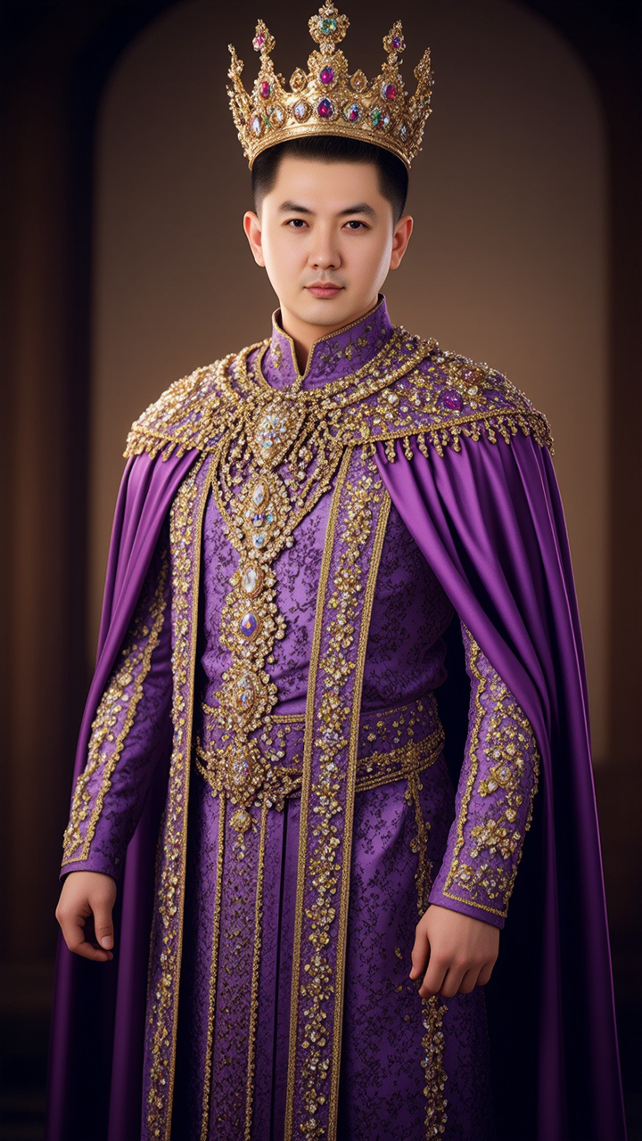 European King In Purple Violet Royal Outfit With Gemstones And Golden ...