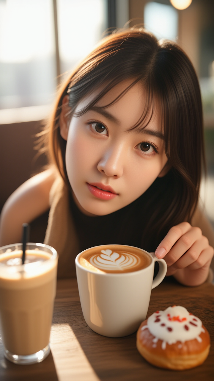 Fisheye Lens View Of Small Cafe Table With Latte And Pastry | AI Image