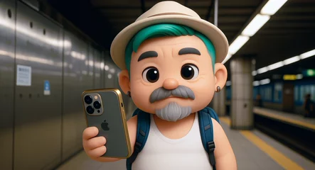 Cartoon Traveler With Green Hair Holding Iphone At Subway Station | AI ...