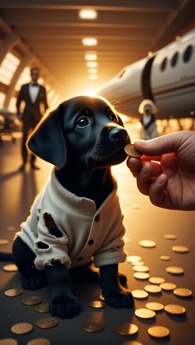 Cute Black Labrador Puppy Receiving Coin Heartwarming Scene Golden ...