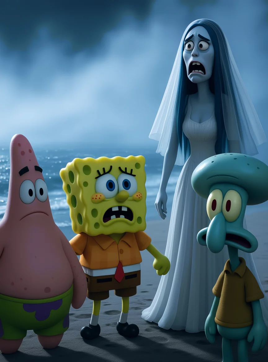 Spongebob Patrick Squidward Chased By La Llorona Into A Cave | AI Image