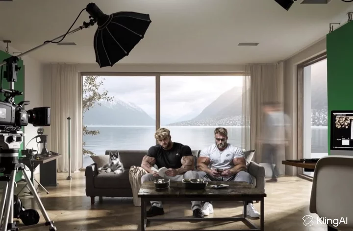 Two Bodybuilders Relaxing On Couch With Husky By Lake View | AI Video