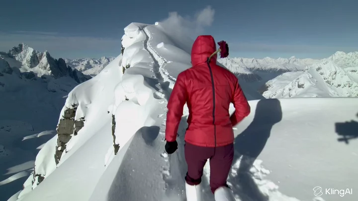 Hiker In Red Jacket Walking On Snowy Mountain Ridge | AI Video
