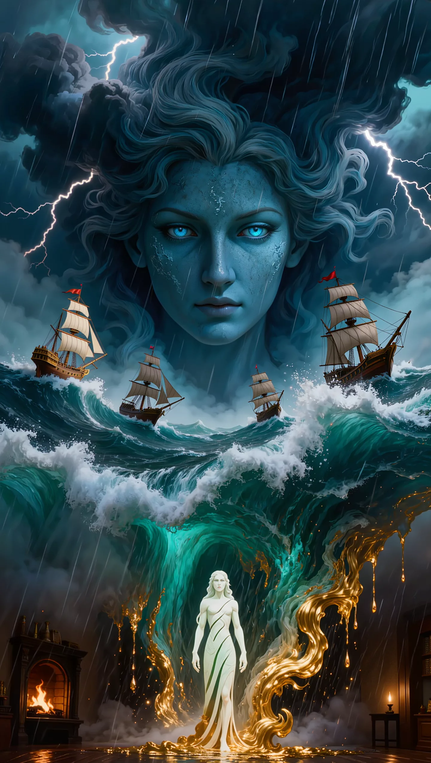 Epic Cinematic Sea Goddess Stormy Ocean Ships Fantasy Animation | AI Image