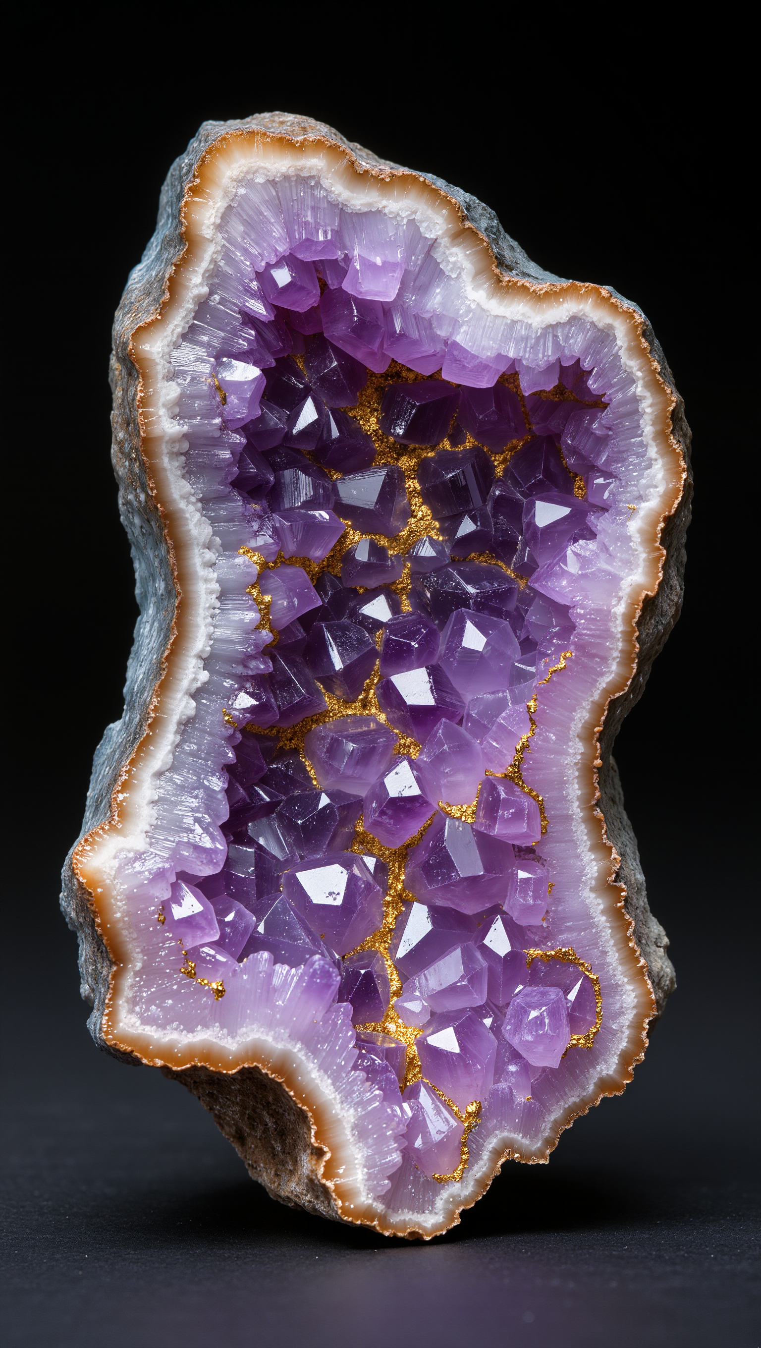 Stunning 4k Golden Veined Amethyst Geode Detailed Texture Black Background | AI Image